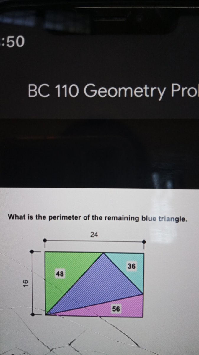 What is the perimeter of the remaining blue triangle? (The image shows a..