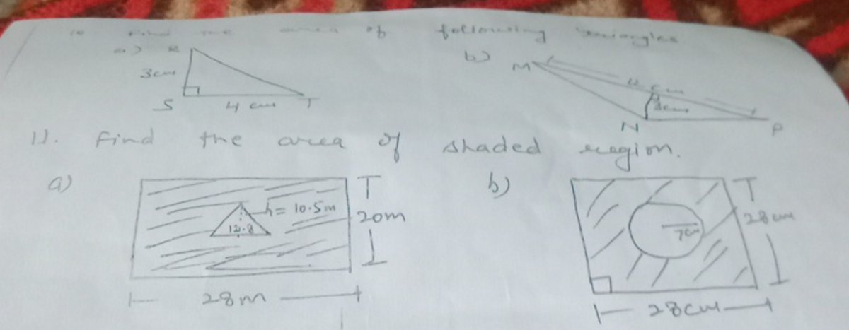 Find the area of the shaded region. a) [Diagram of a rectangle with lengt..