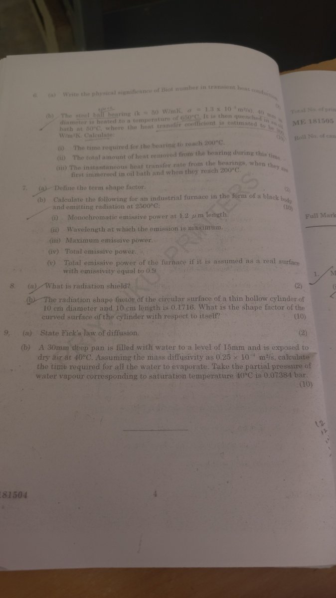 (a) Write the physical significance of Biot number in transient heat cond..