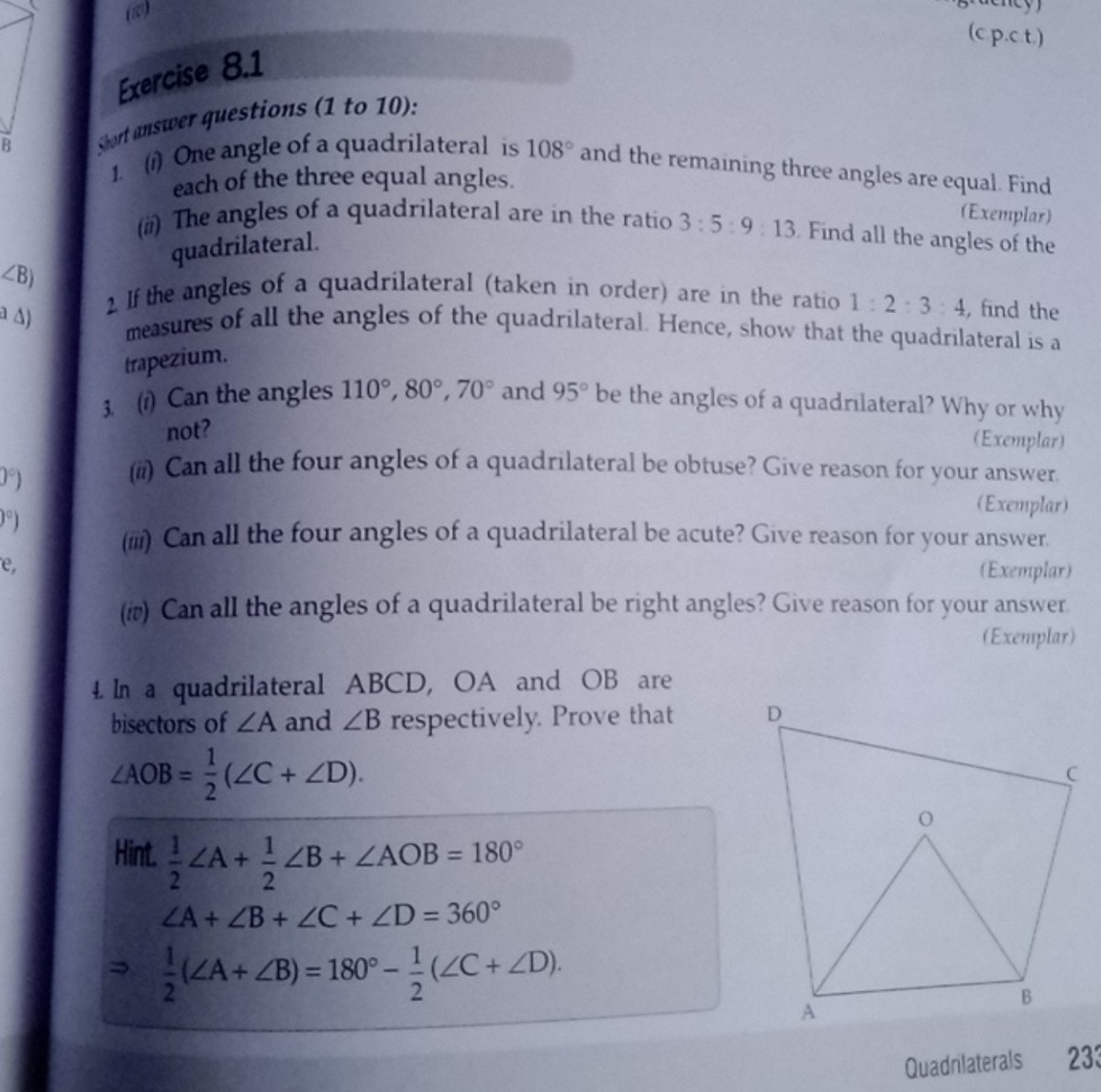 Here are some short answer questions (1 to 10) from Exercise 8.1: (i) On..