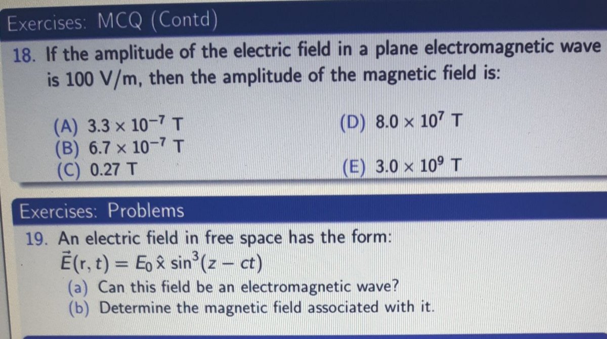 Exercises: MCQ (Contd) If the amplitude of the electric field in a plane..