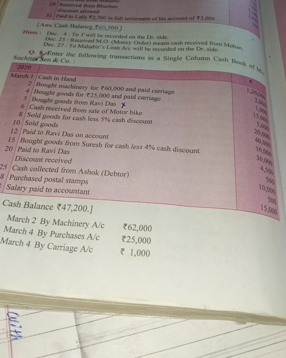 Enter the following transactions in a Single Column Cash Book of M/s Such..