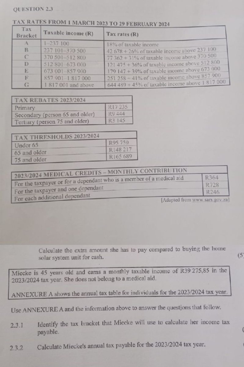 QUESTION 2.3 TAX RATES FROM 1 MARCH 2023 TO 29 FEBRUARY 2024 | Tax Brac..