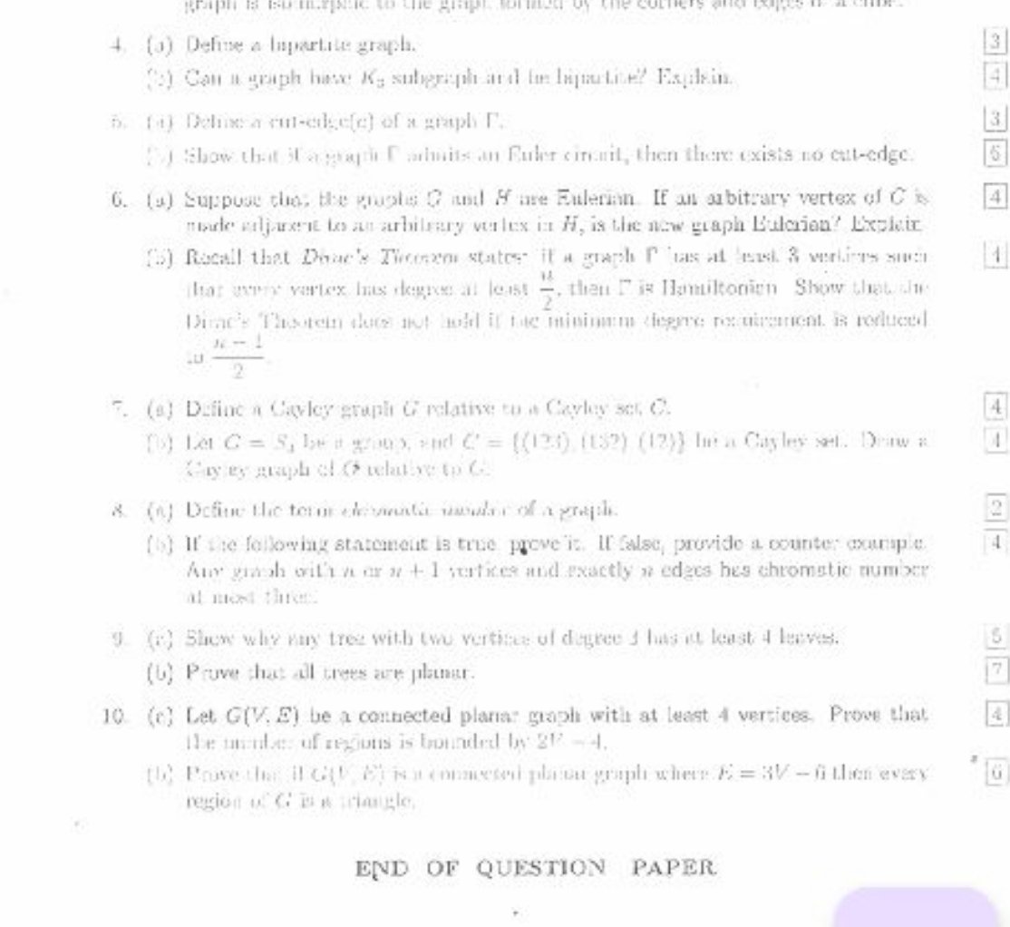 Here are several questions related to graph theory: 4. (a) Define a bipa..