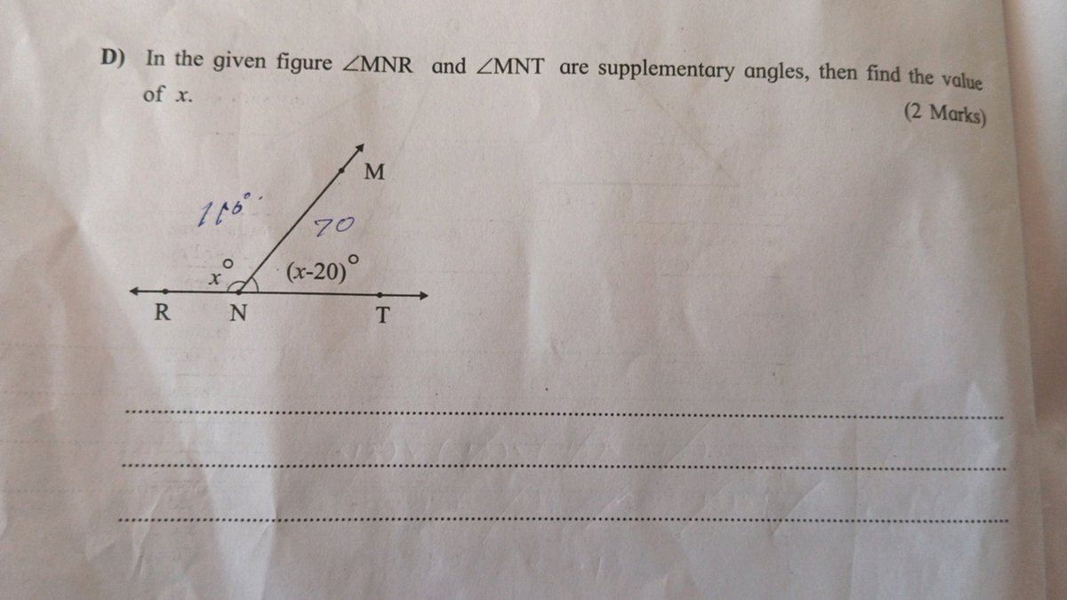In the given figure, ∠MNR and ∠MNT are supplementary angles, then find th..