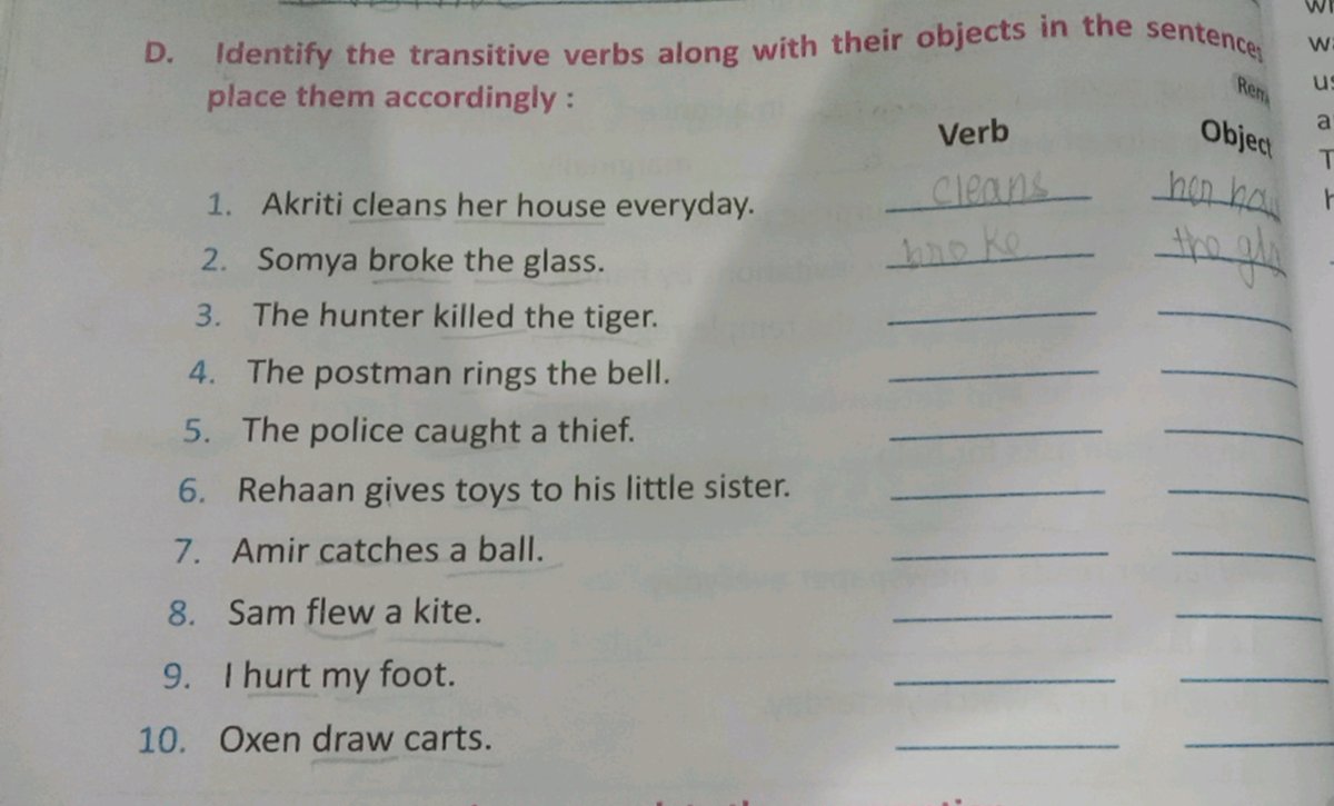 Identify the transitive verbs along with their objects in the sentences a..