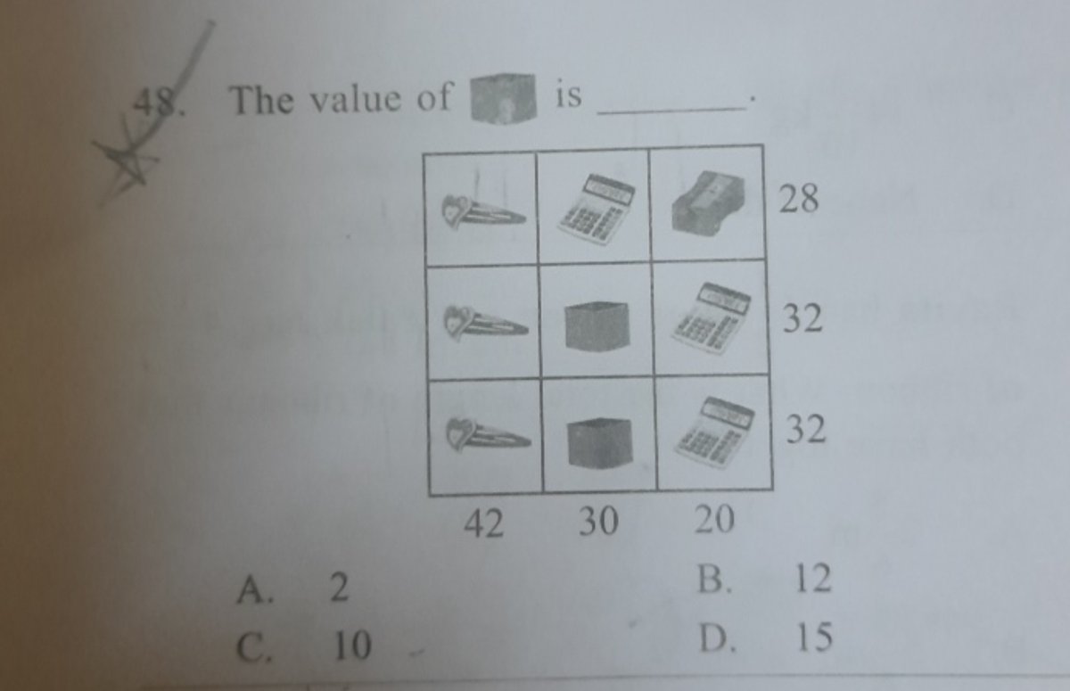 The value of [image of a box] is __. [Image of a 3x3 grid with items and..