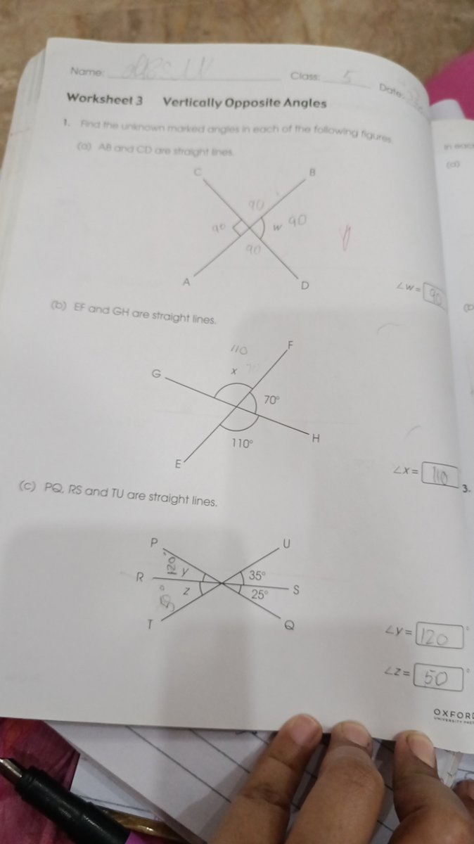 Worksheet 3 Vertically Opposite Angles Find the unknown marked angles in