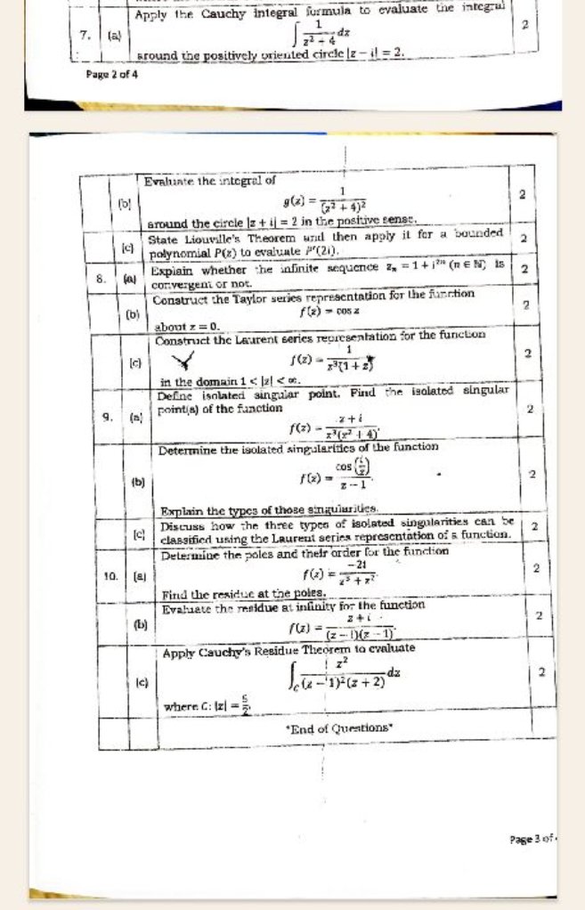 Here are several questions related to complex analysis: 7. (a) Apply the..