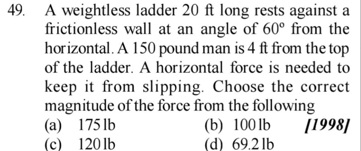 A weightless ladder 20 ft long rests against a frictionless wall at an an..