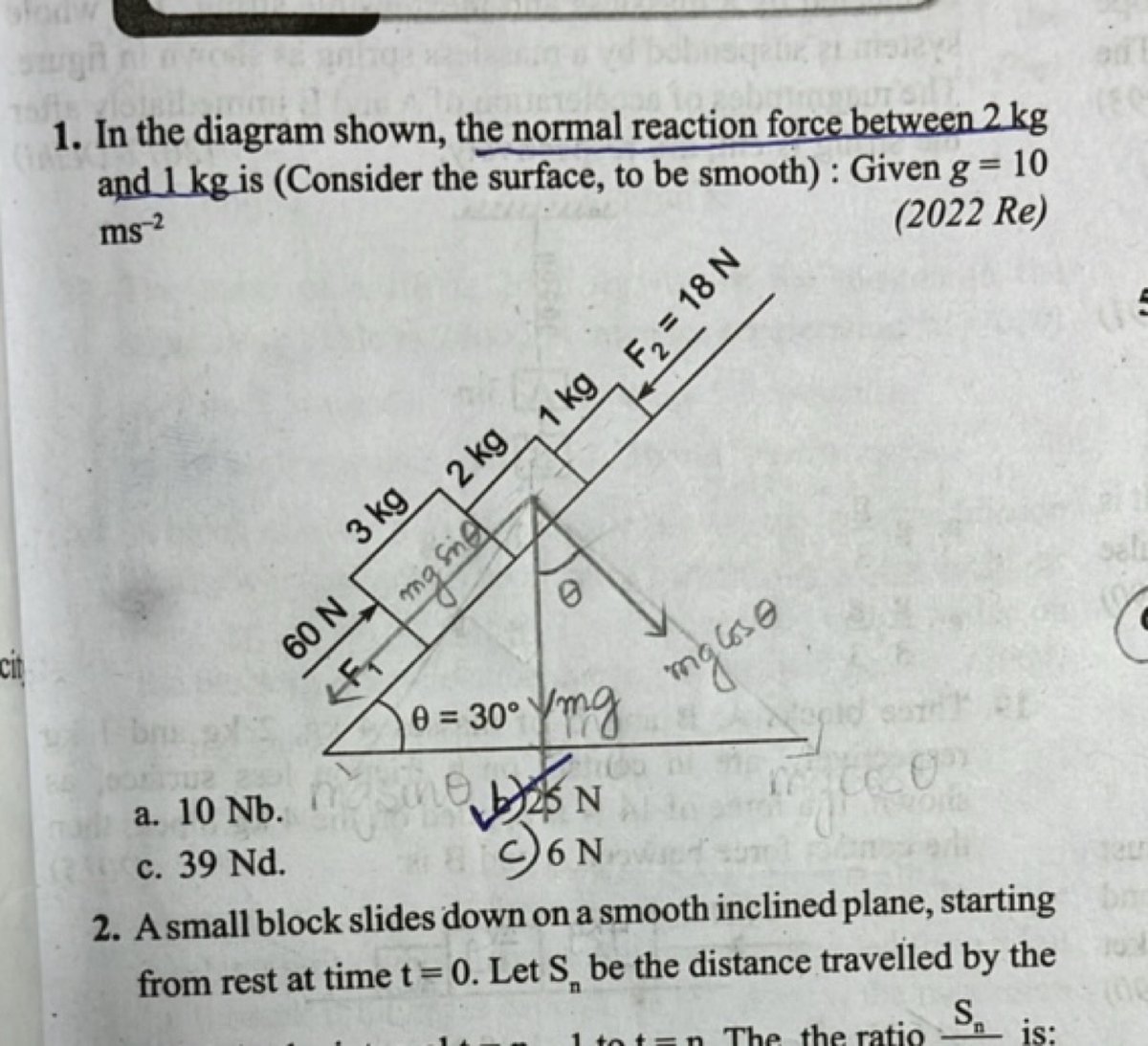 In the diagram shown, the normal reaction force between 2 kg and 1 kg is