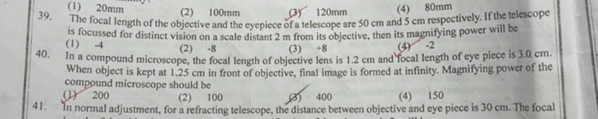 The focal length of the objective and the eyepiece of a telescope are 50