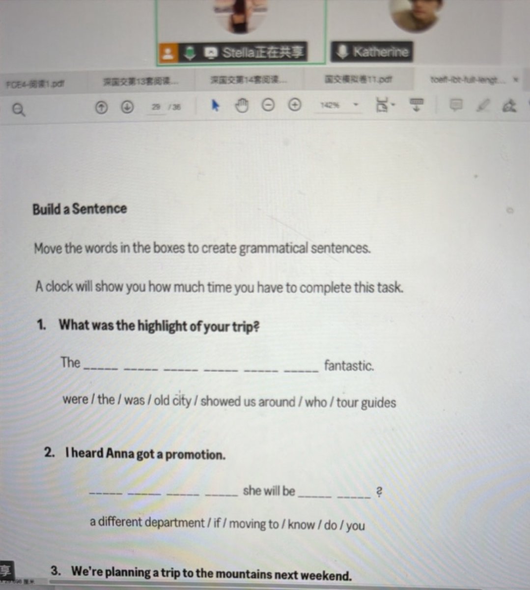 Build a Sentence Move the words in the boxes to create grammatical sente..