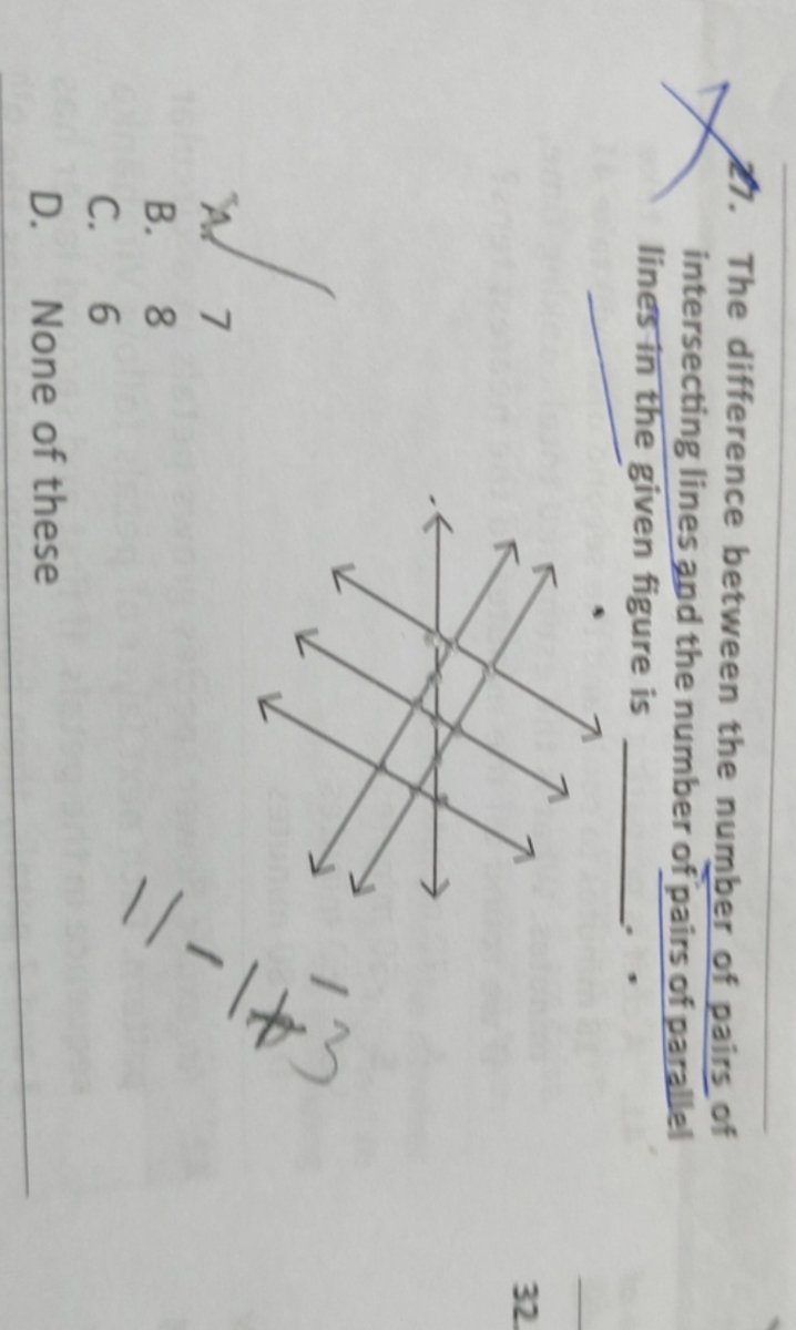 The difference between the number of pairs of intersecting lines and the