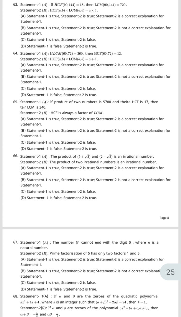 Statement-1 (A): If HCF(90,144) = 18, then LCM(90,144) = 720. Statement-2..