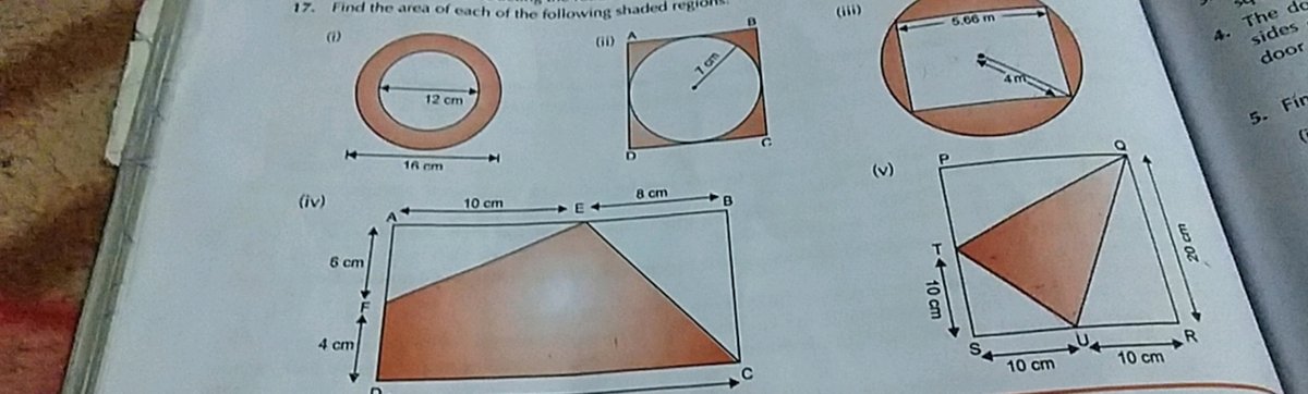 Find the area of each of the following shaded regions: (i) A ring with a..