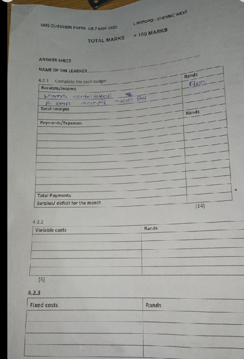 EMS QUESTION PAPER GR 7 NOV 2023 TOTAL MARKS = 100 MARKS ANSWER SHEET NA..