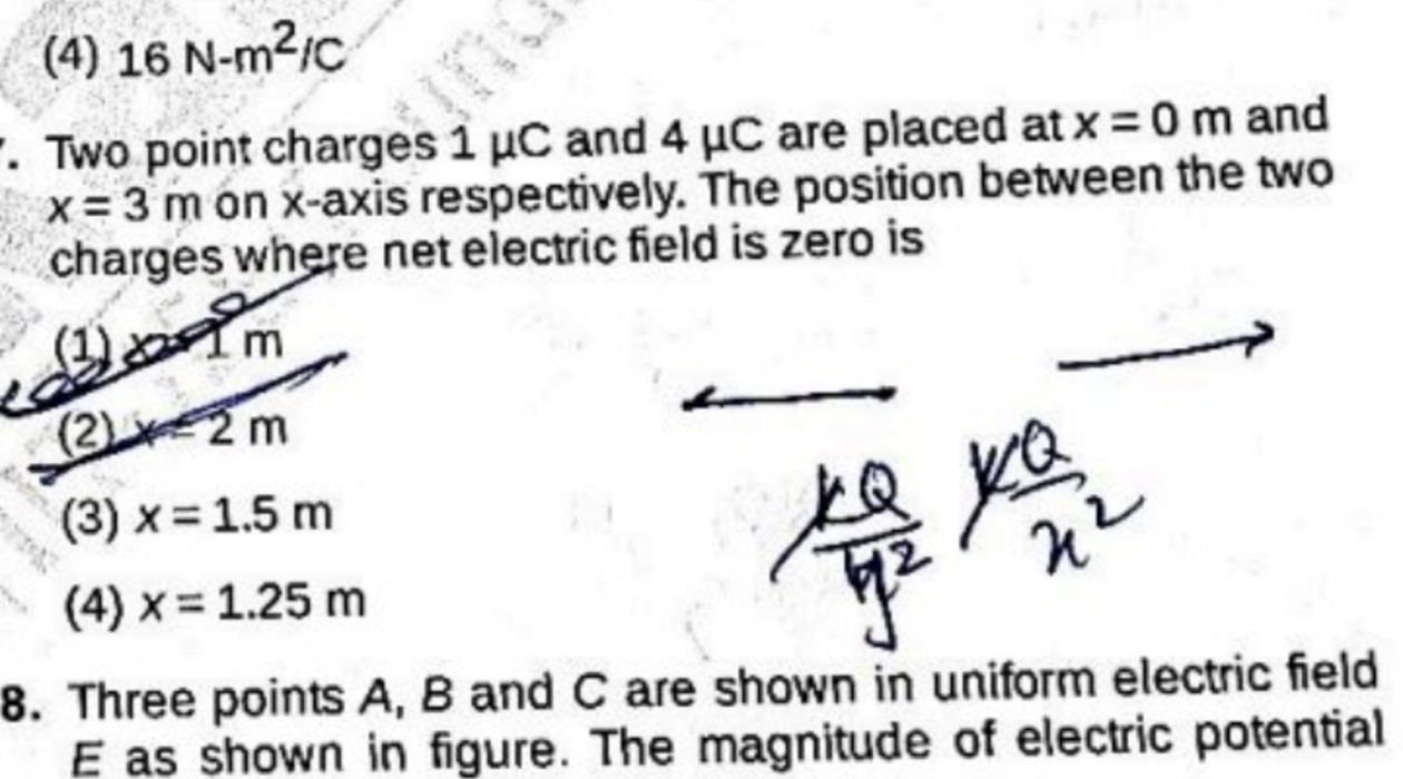 Two point charges 1 \muC and 4 \muC are placed at x = 0 m and x = 3 m on