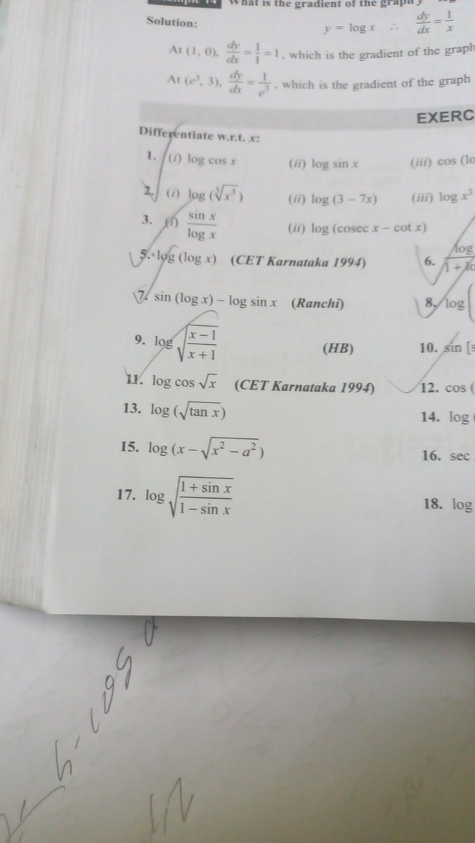 Differentiate w.r.t. x: (i) log cos x (ii) log sin x (iii) cos (log..