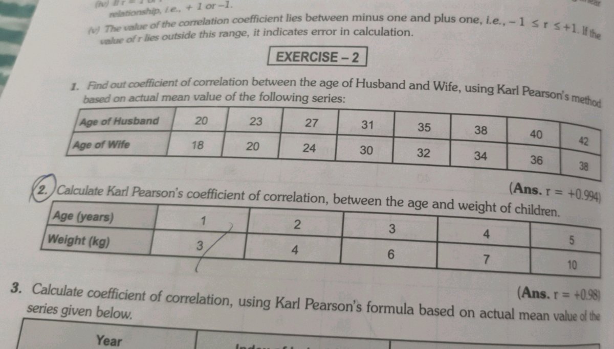 Calculate Karl Pearson's coefficient of correlation, between the age and