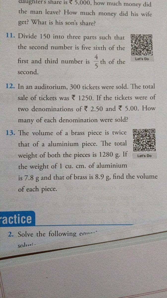 Divide 150 into three parts such that the second number is five sixth of