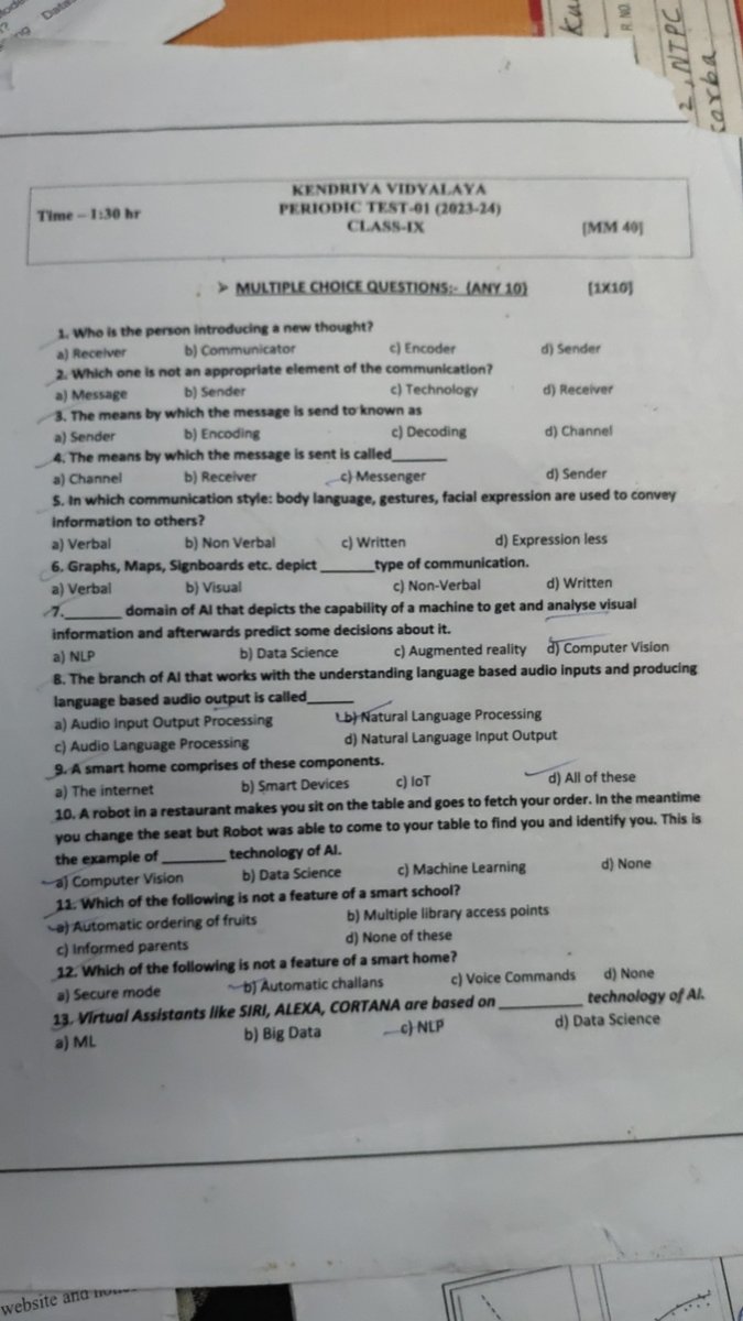 KENDRIYA VIDYALAYA PERIODIC TEST-01 (2023-24) CLASS-IX [MM 40] Time - 1:..