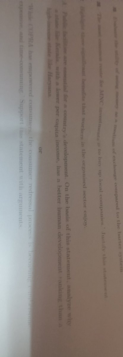 Evaluate the utility of money as a medium of exchange compared to the bar..
