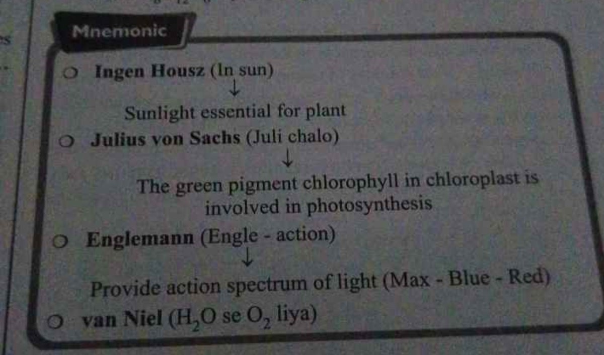 Mnemonic O Ingen Housz (In sun) ↓ Sunlight essential for plant O Julius..