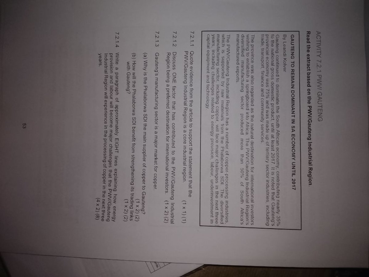 ACTIVITY 7.2.1 PWV/Gauteng Read the extract based on the PWV/Gauteng Ind..
