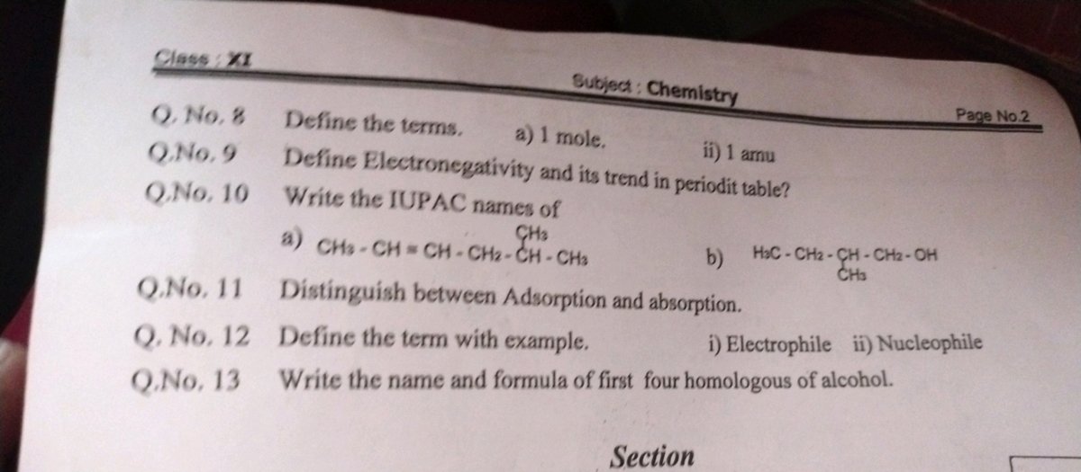 Q. No. 8 Define the terms. a) 1 mole. ii) 1 amu Q.No. 9 Define Electrone..