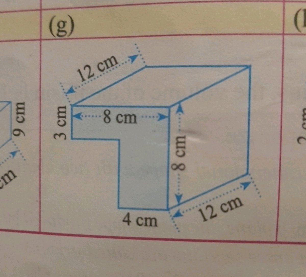The image shows a 3D shape with various dimensions labeled. Calculate the..