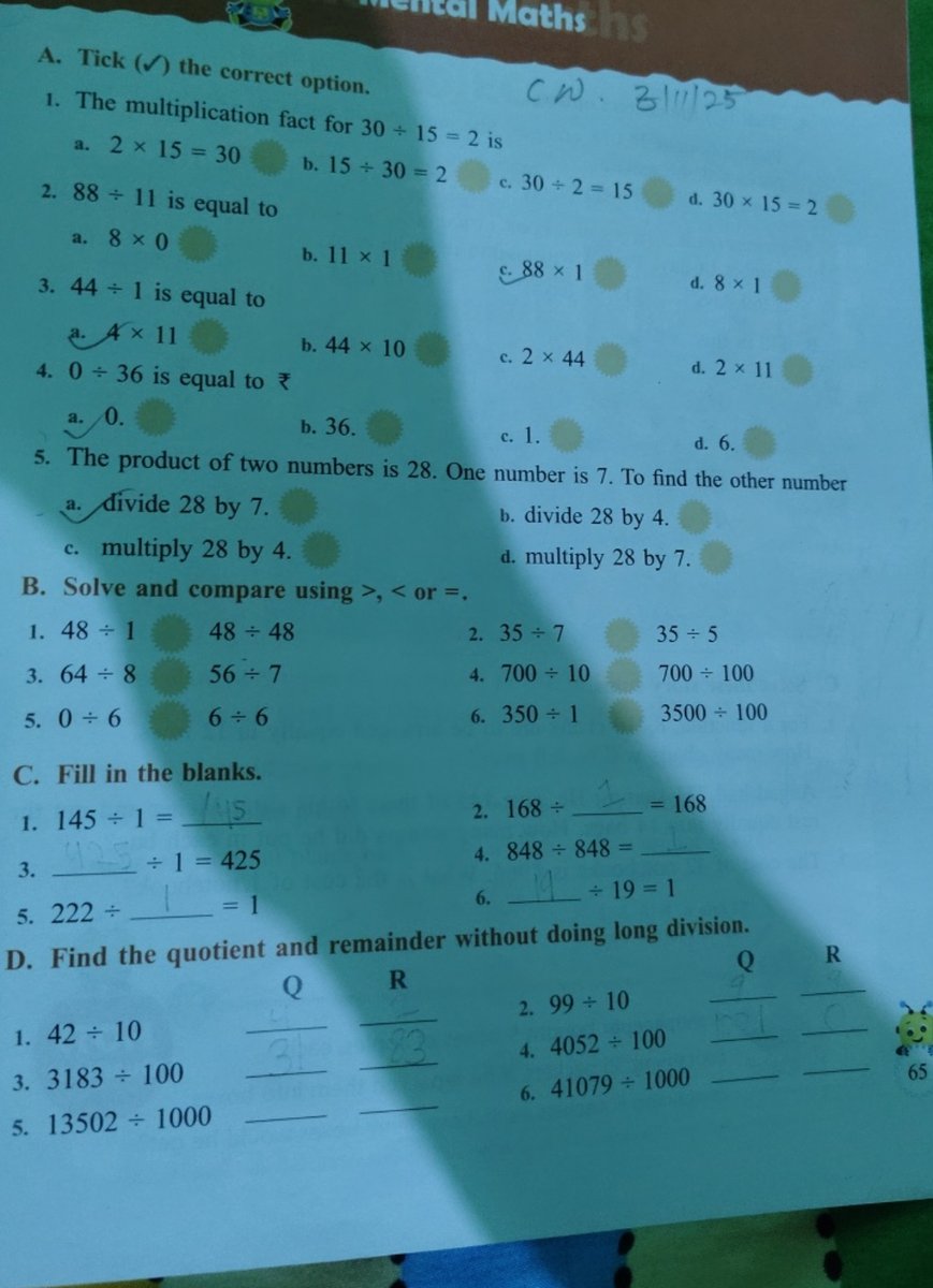 A. Tick ( ) the correct option. Maths hs The multiplication fact for 30 ÷..