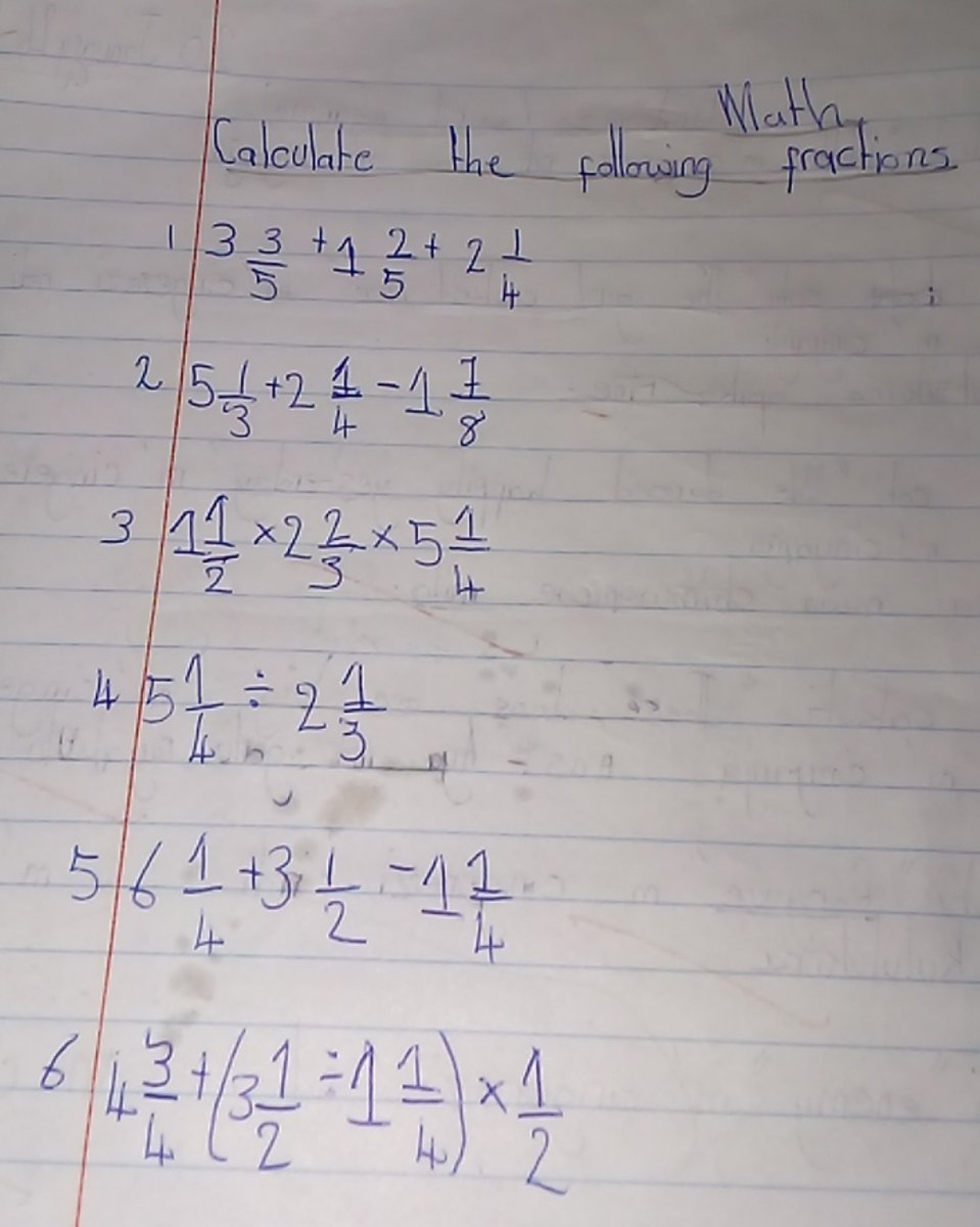 Calculate the following fractions: 3\frac{3}{5} + 1\frac{2}{5} + 2\frac{..