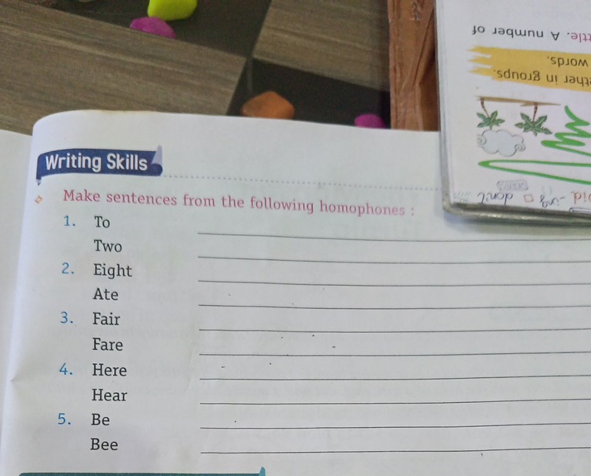 Make sentences from the following homophones: To Two Eight Ate Fai..