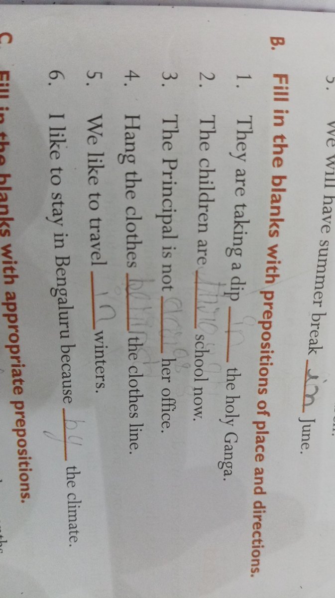 B. Fill in the blanks with prepositions of place and directions. They ar..