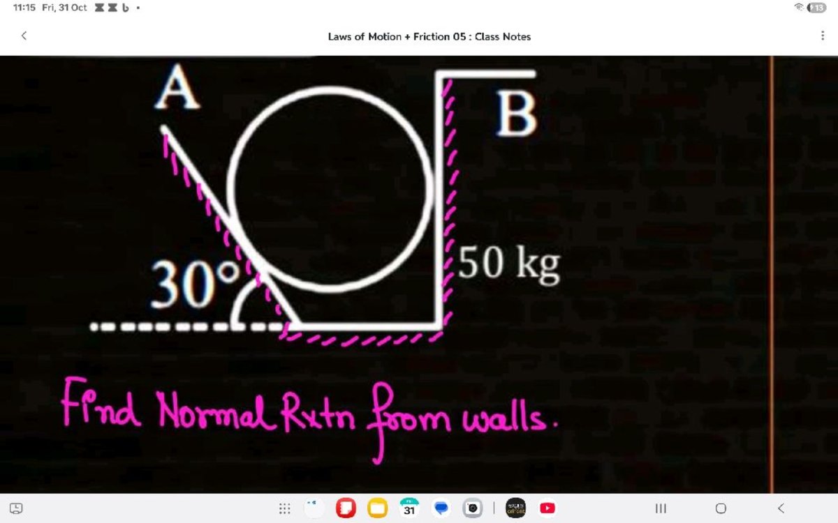 A 50 kg object is placed between two walls, A and B. Wall A is inclined a..