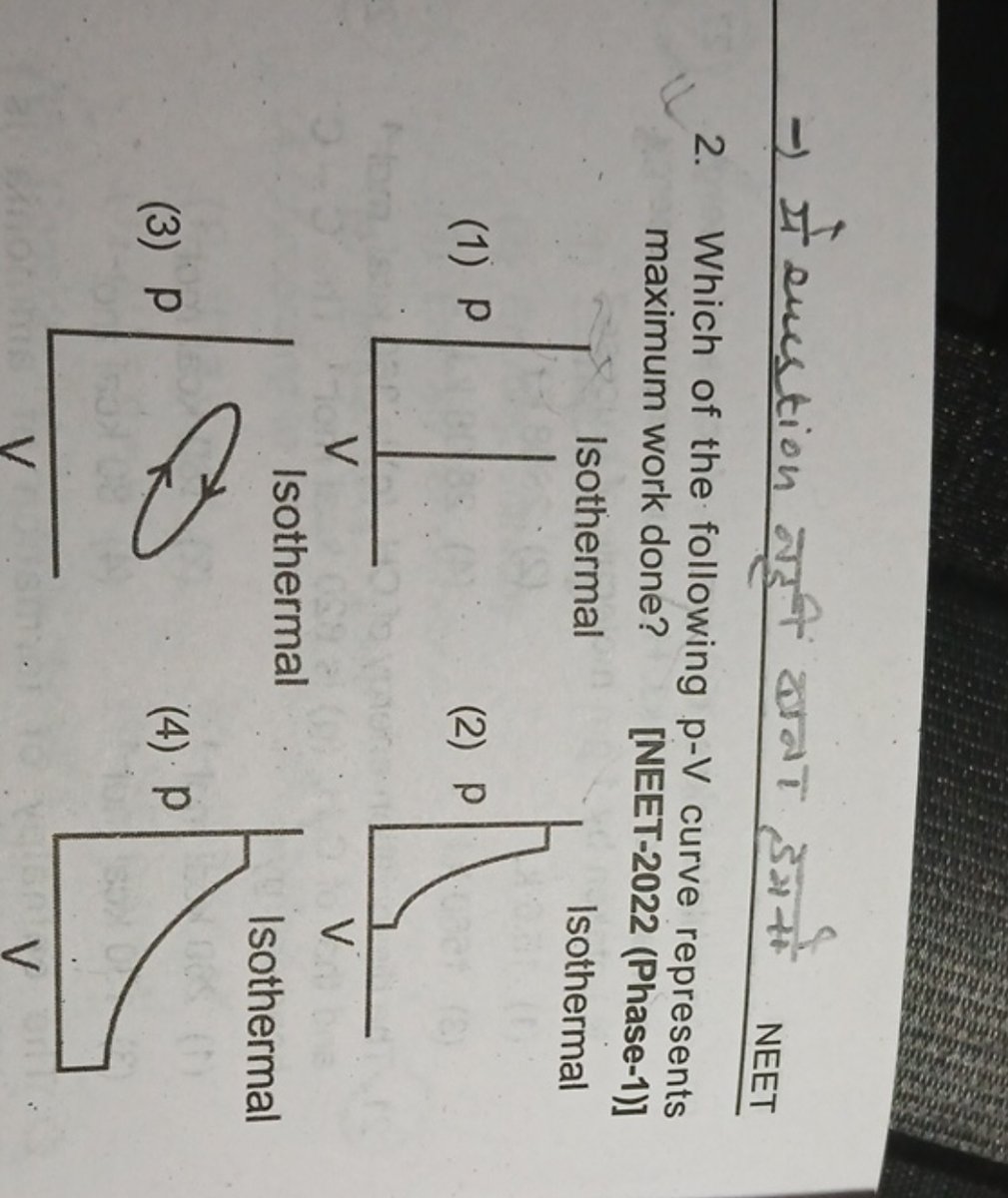 Which of the following p-V curve represents maximum work done? (1) P V