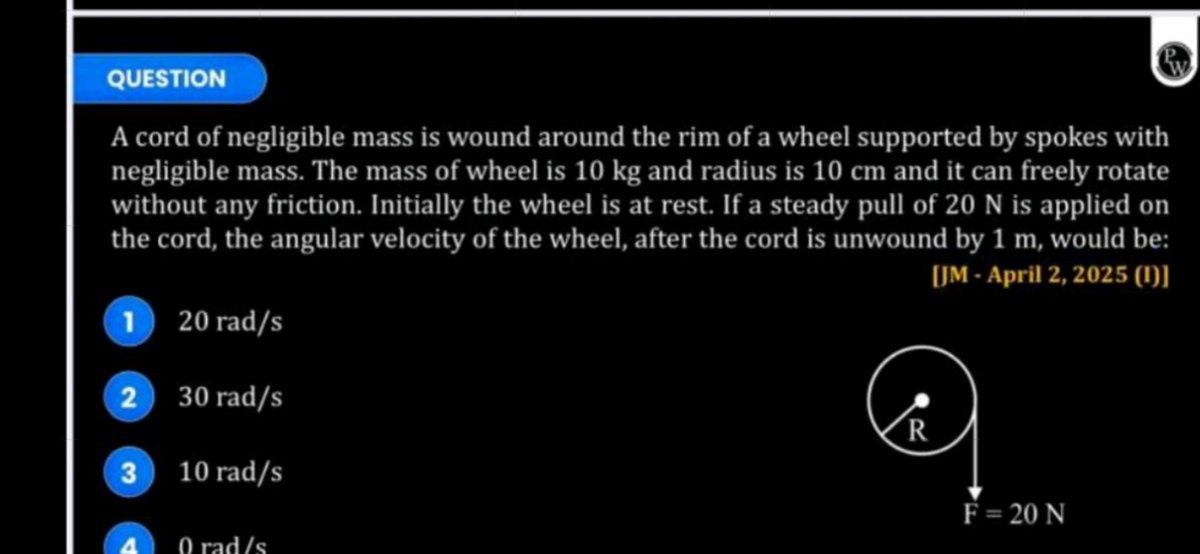 A cord of negligible mass is wound around the rim of a wheel supported by..
