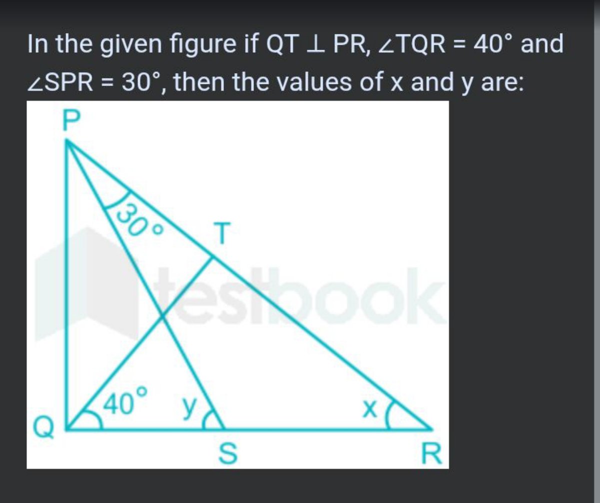In the given figure, if QT is perpendicular to PR, \angle TQR = 40^\circ