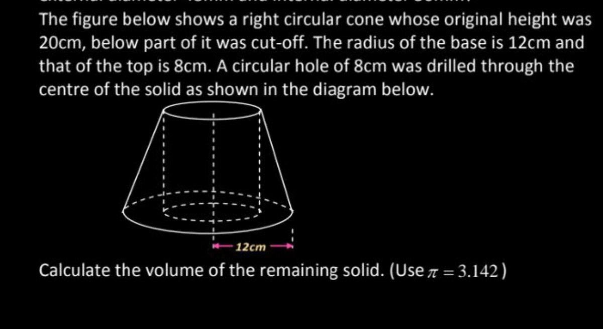 A right circular cone of height 20 cm and base radius 12 cm had its lower..