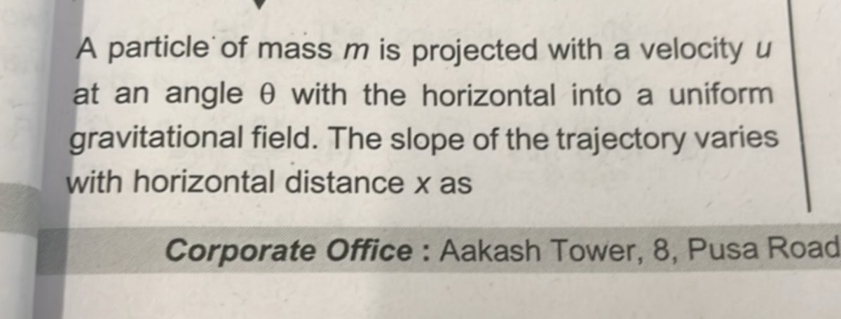 A particle of mass m is projected with velocity u at an angle \theta with..
