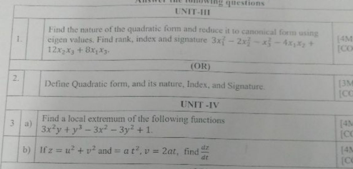 Here are the questions: UNIT-III Find the nature of the quadratic form