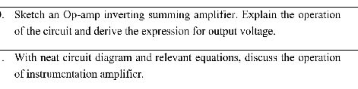 Sketch an Op-amp inverting summing amplifier. Explain the operation of th..