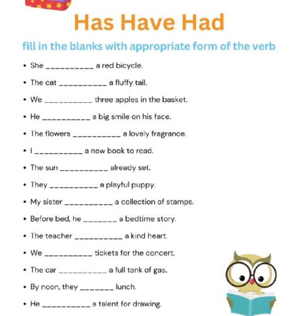 Has Have Had fill in the blanks with appropriate form of the verb She