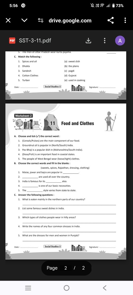 Here is a worksheet with questions about "Food and Clothes". A. Choose a..