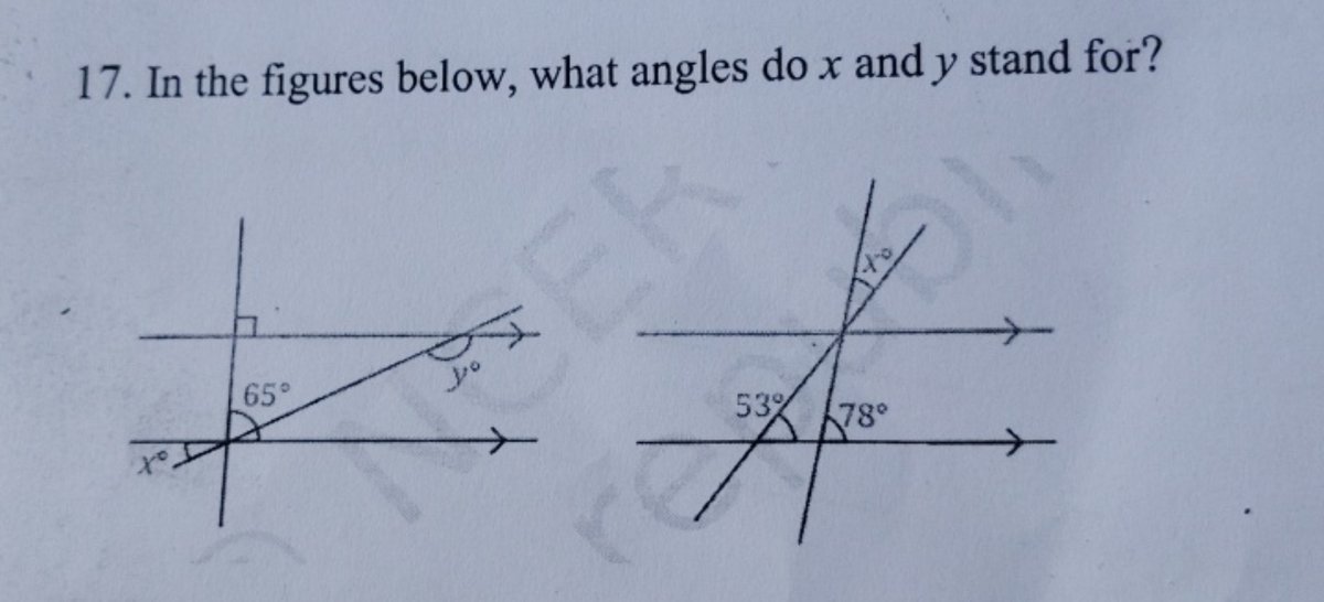 In the figures below, what angles do x and y stand for? (Image shows two..
