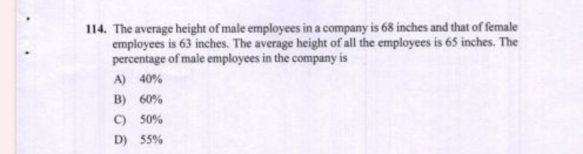The average height of male employees in a company is 68 inches and that o..