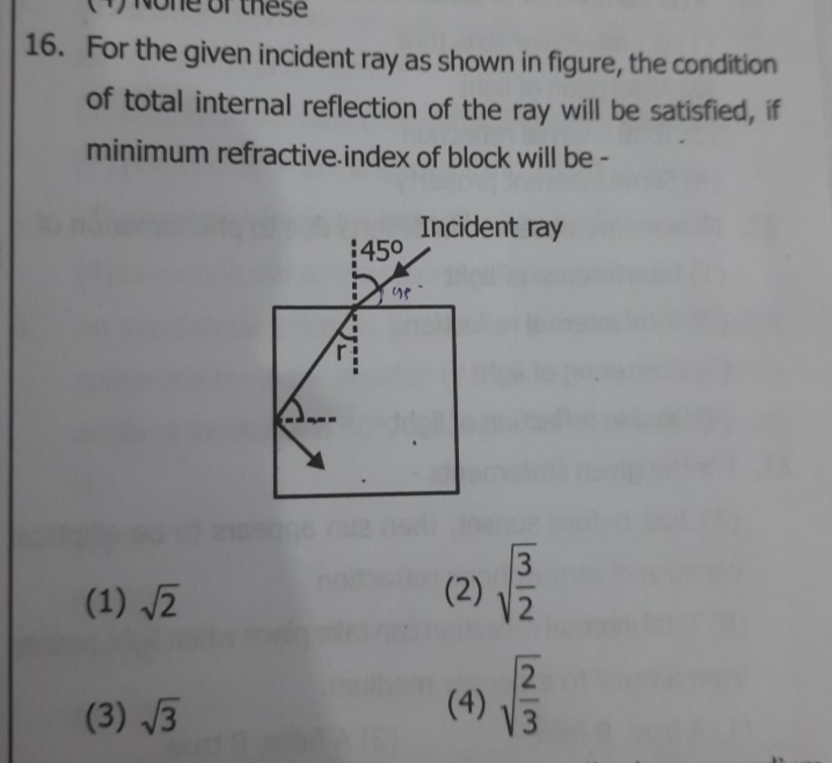 For the given incident ray as shown in the figure, the condition of total..