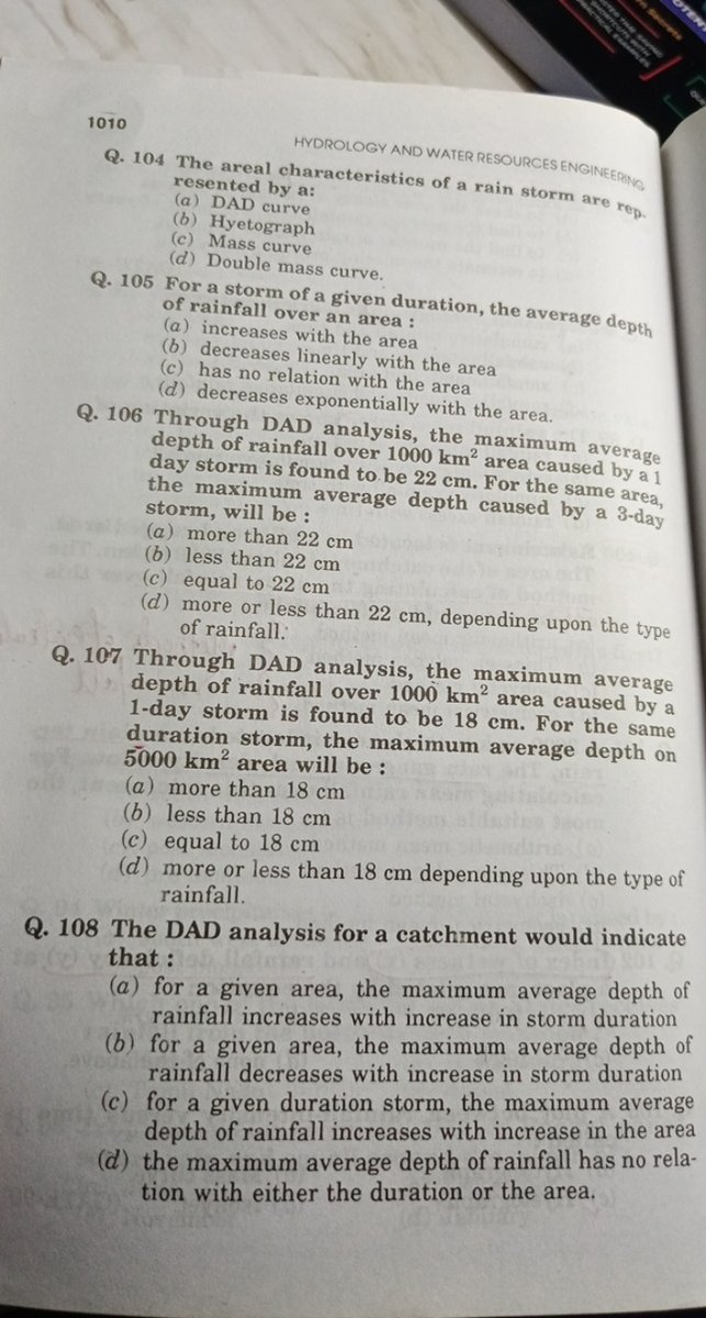 Q. 104 The areal characteristics of a rain storm are represented by a: (a..
