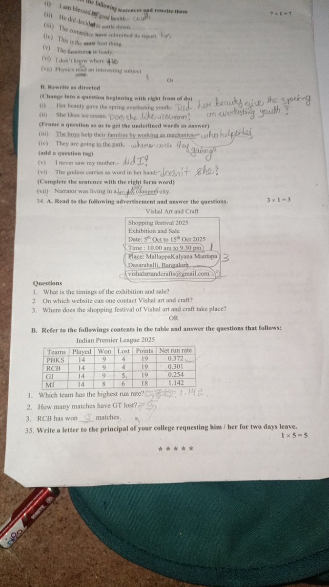 A. Read to the following advertisement and answer the questions. Vishal